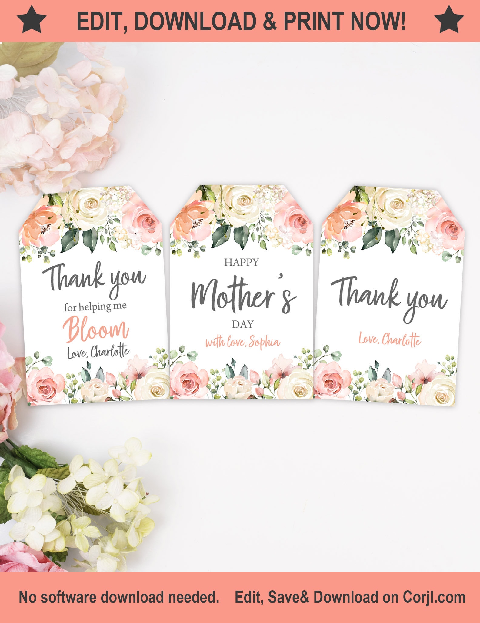 Mother's Day Tags Thank You Card Floral Thank You Mothers - Etsy