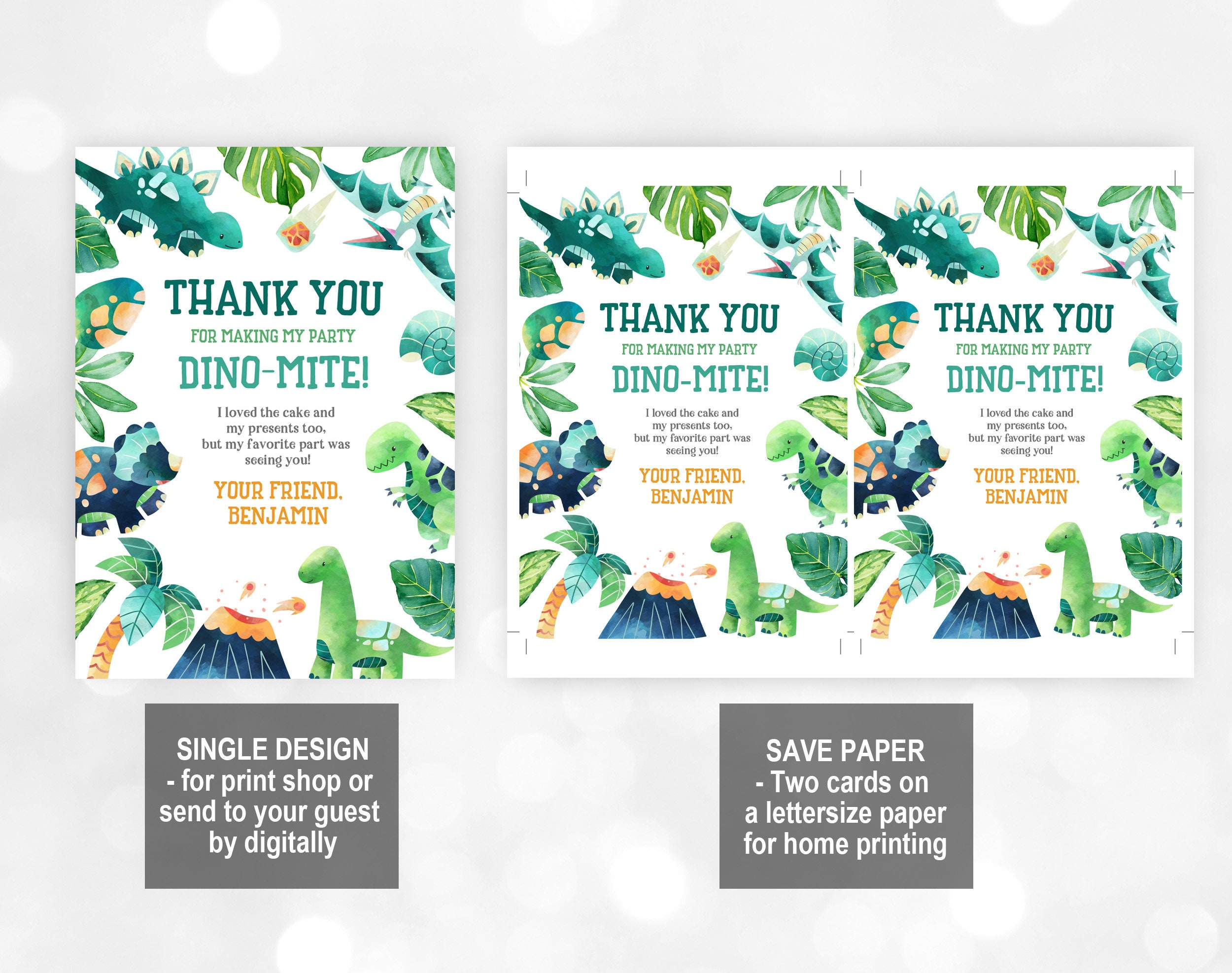 Dinosaur Birthday Thank You Card Cute Dino Thank You Note Park Boy ...