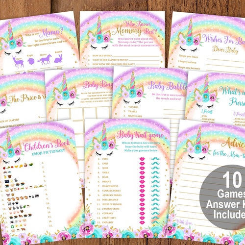 Unicorn Baby Shower Games Bundle Instant Download | Etsy