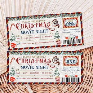 Christmas Movie Night Invitation Ticket Editable Christmas Movie Night ...