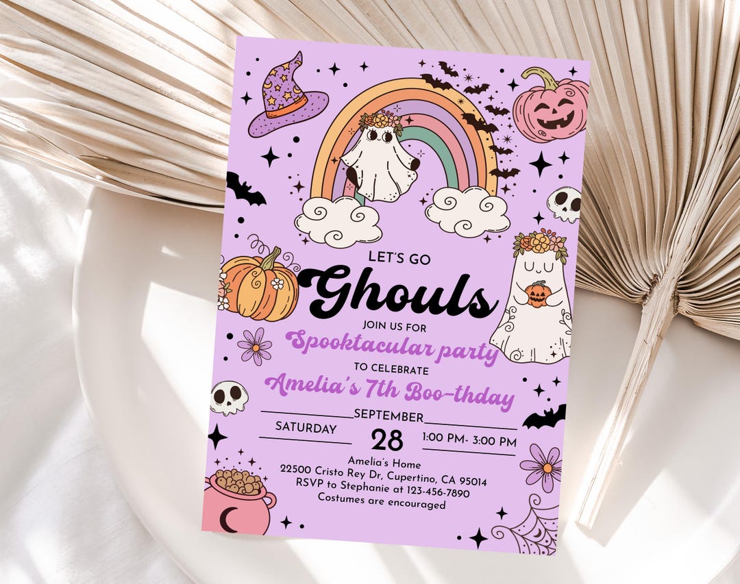 Halloween Birthday Invitation: Purple Retro Ghosts, Editable ...