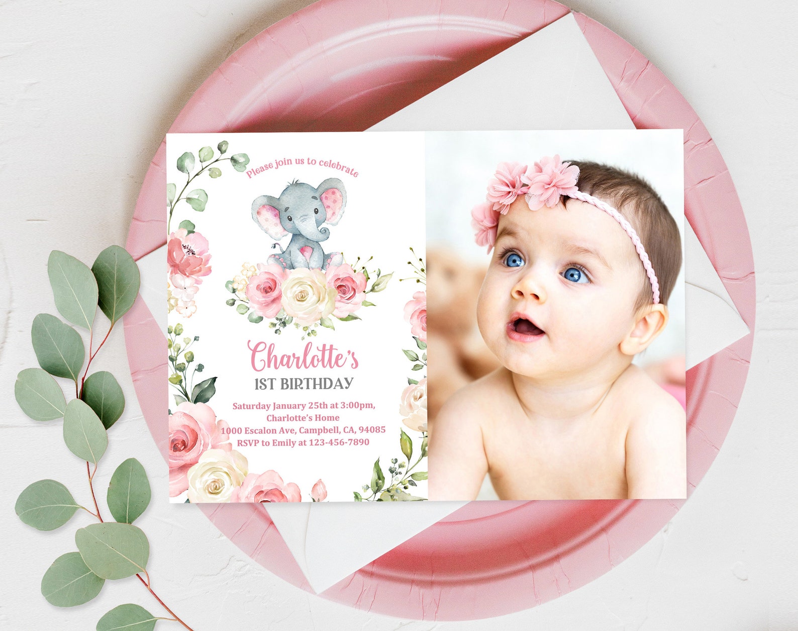 Elephant Girl Birthday Invitation Floral Elephant Party Invite - Etsy