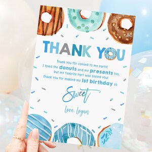 Editable Donut Thank You Card Blue Donut Birthday Party Thank You ...