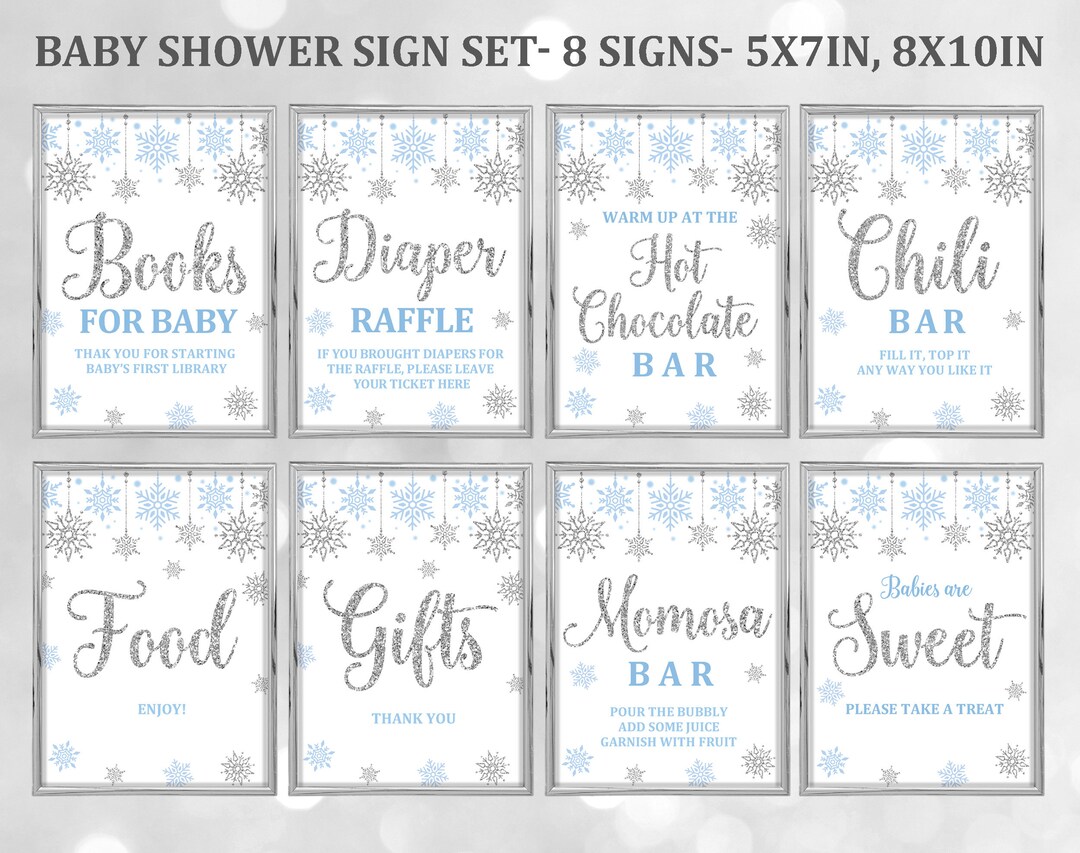 Winter Baby Shower Sign Set, Blue Silver Glitter Snowflakes (editable ...