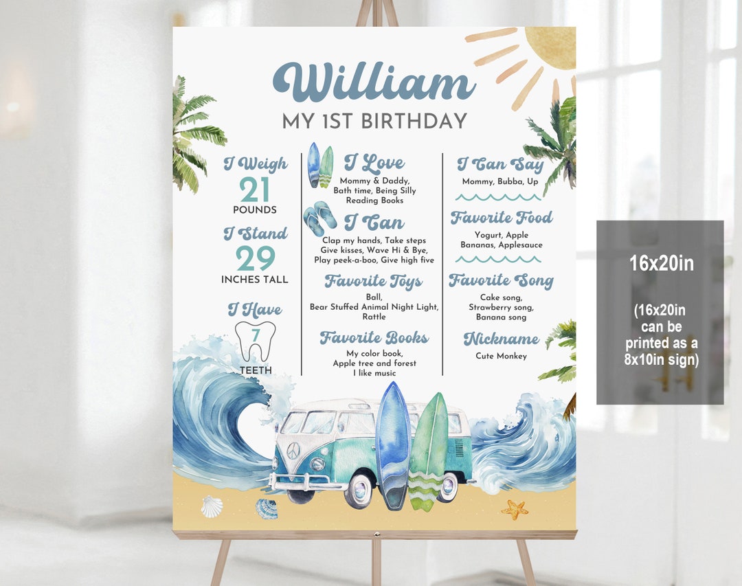 Surf 1st Birthday Milestone Poster, Blue Surfboard Beach Theme ...