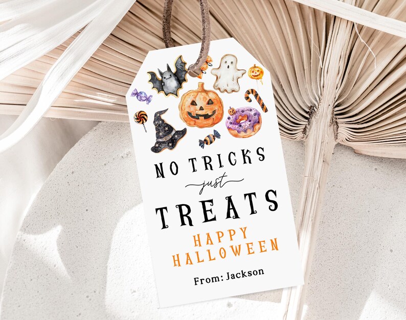 Halloween Gift Tags: Printable No Tricks Just Treats - Editable DIY ...