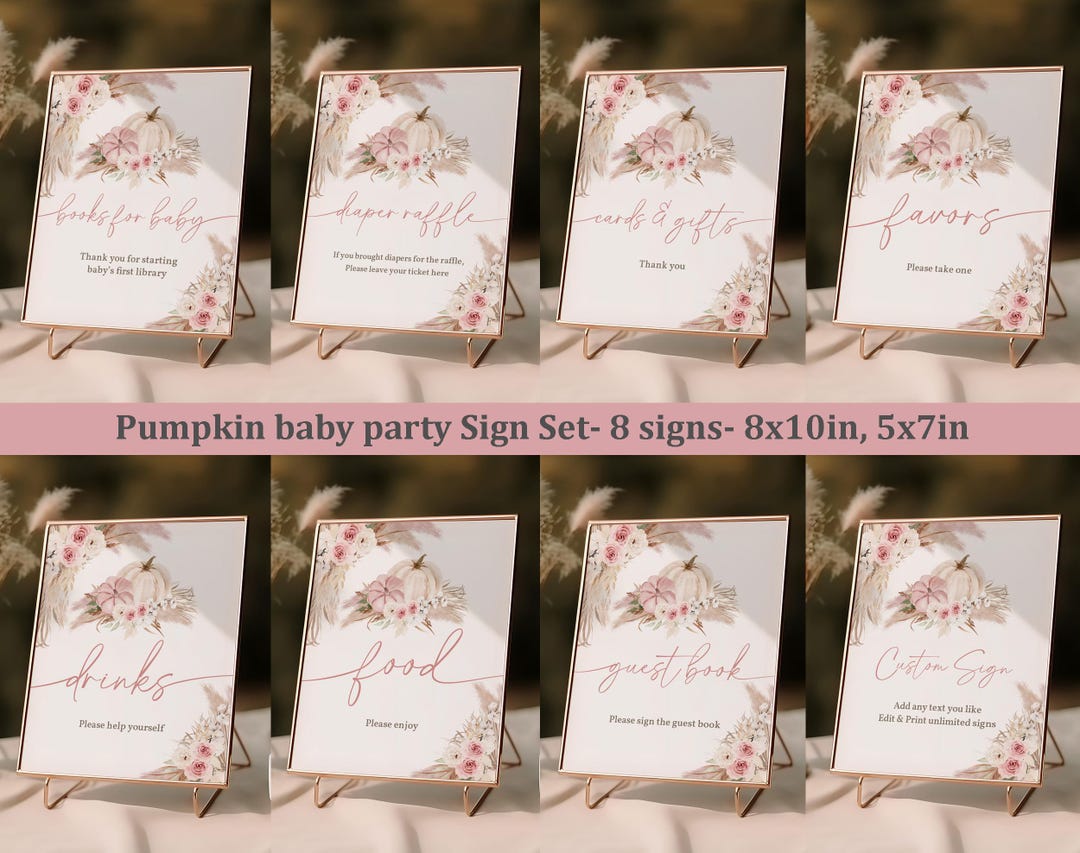 Pumpkin Baby Shower Table Sign Set Boho Pampas Grass Sign Bundle ...