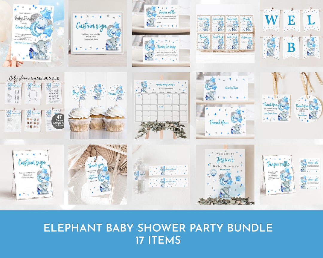 Editable Elephant Baby Shower Bundle Sky Blue Balloon Elephant Baby ...