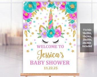 Editable Unicorn Baby Shower Welcome Sign Pink & Gold Unicorn Rainbow ...
