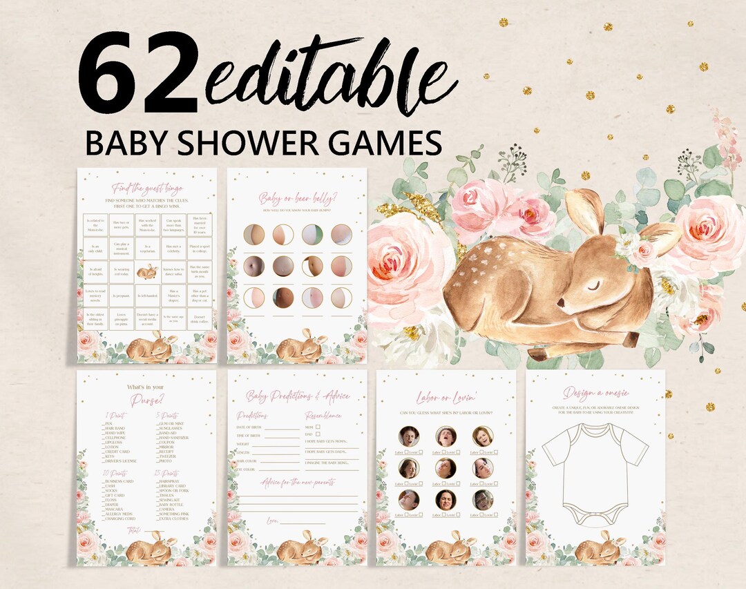 Baby Shower Games Bundle: Deer and Woodland Animals - Pink Floral ...