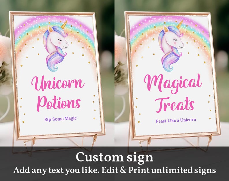 Rainbow Unicorn Birthday Sign: Custom Editable Glitter Gold Girl Bir249 ...