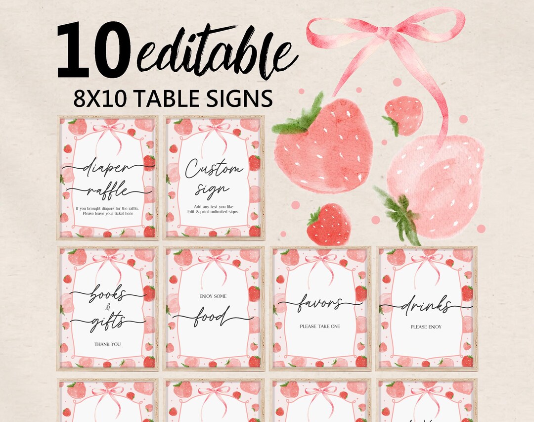 Baby Shower Signs: Editable Strawberry Table Decor - Pink Printable ...