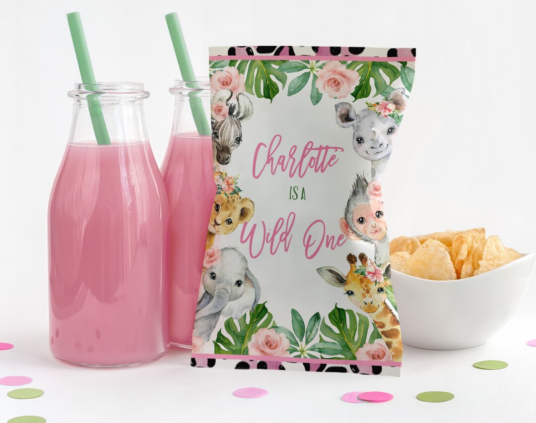 Wild One Chip Bag Template, Jungle Girl Safari Animals (editable ...