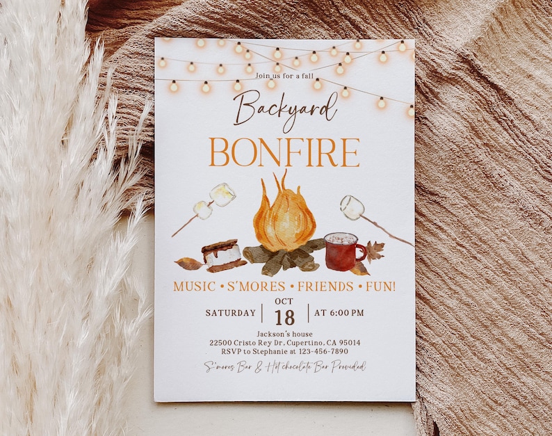 Rustic Bonfire Party Invitation: Backyard BBQ, S'mores (digital ...