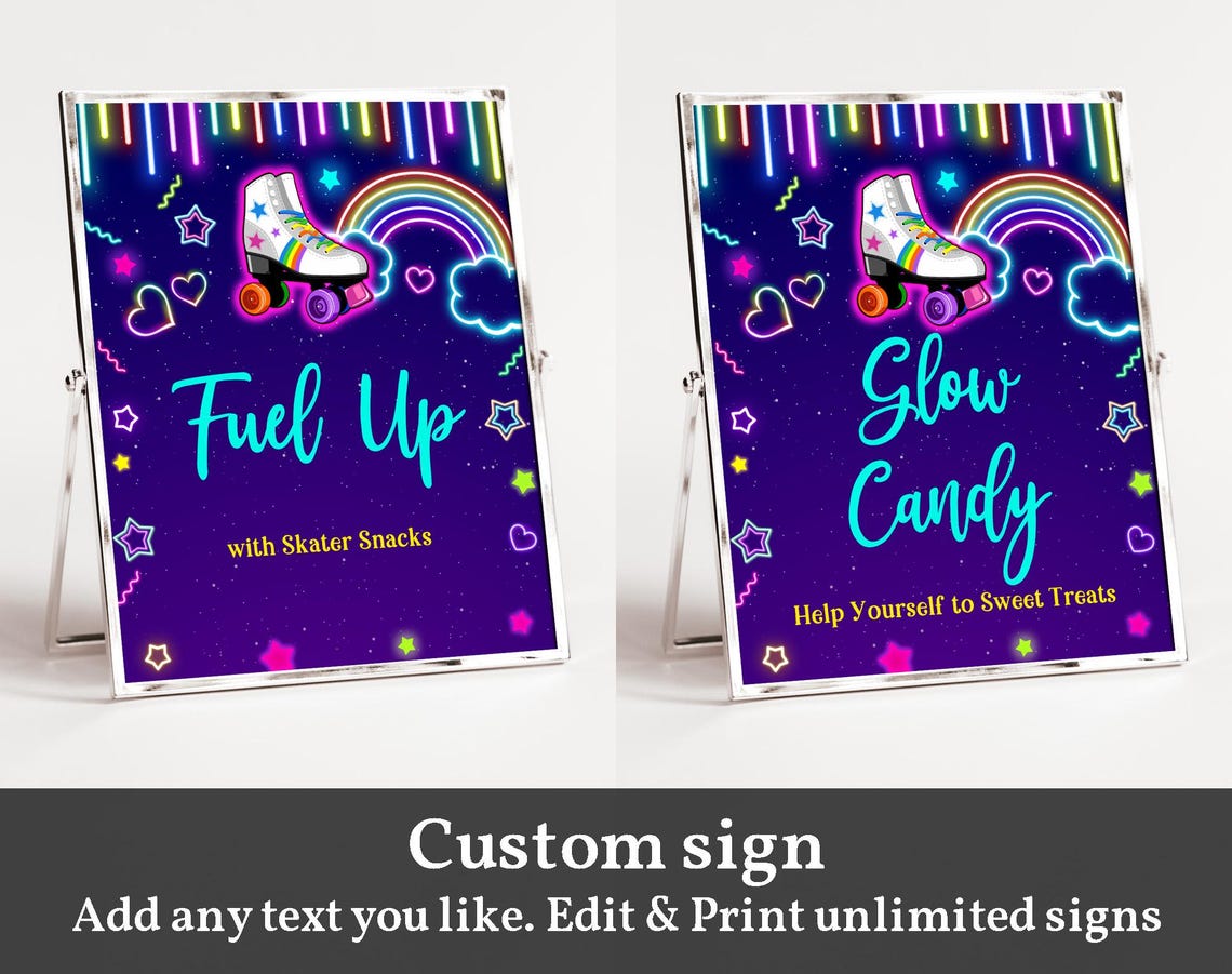 Roller Skate Party Sign: Neon Glow Birthday Table Decor (editable ...
