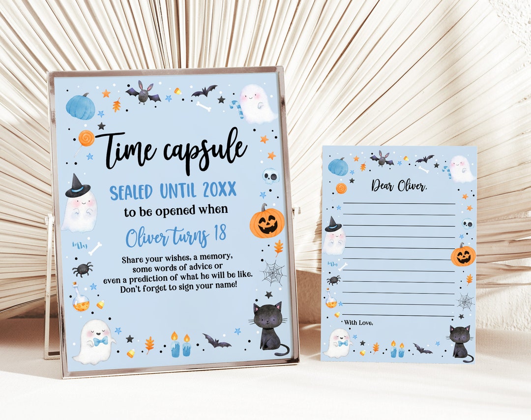 Editable Blue Halloween Ghost Time Capsule Sign and Letter Boy Ghost ...