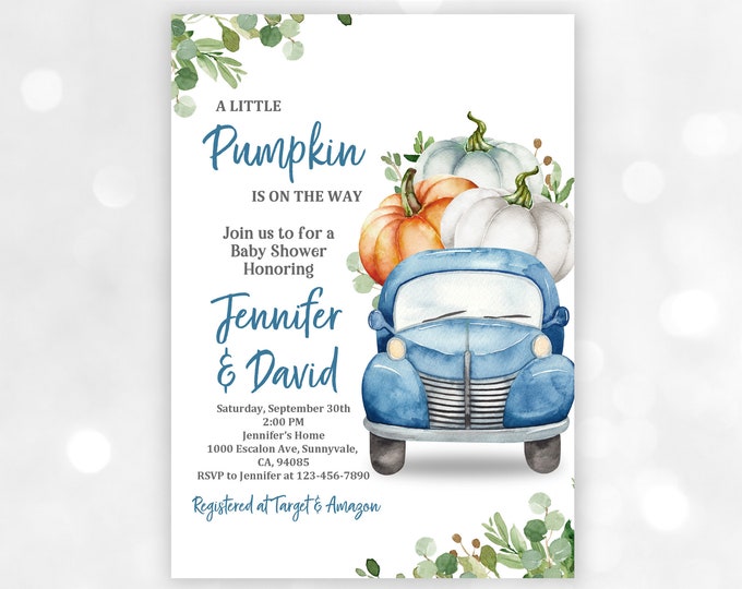 Fall Blue Truck Sweet Little Pumpkin Baby Shower Invitation - Etsy