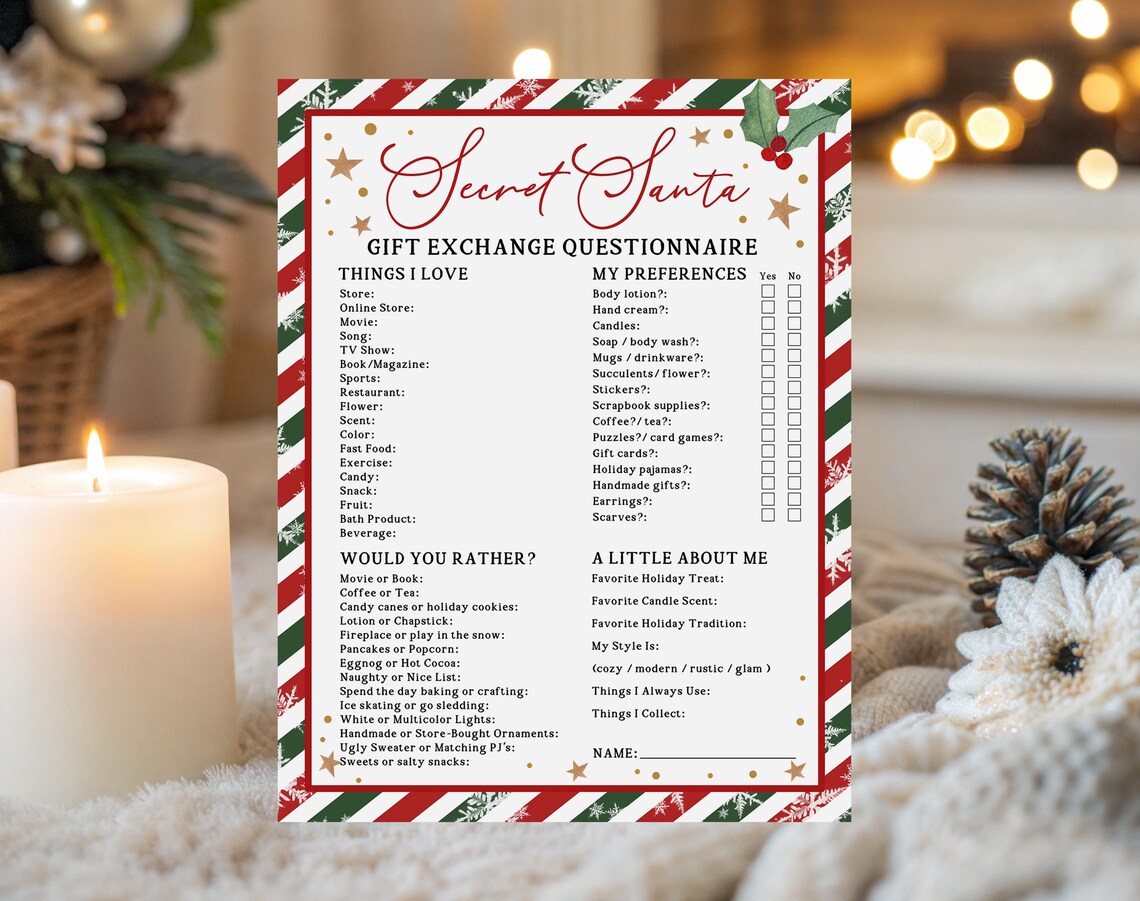 Secret Santa Survey: Printable Holiday Gift Exchange - Editable ...