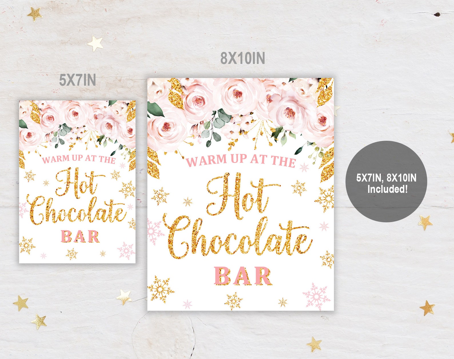 Winter hot chocolate bar sign/ Pink floral gold/ 5x7in 8x10in | Etsy
