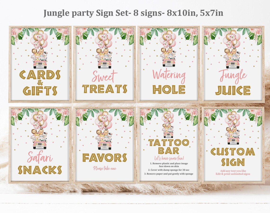 Safari Birthday Signs: Wild One Jungle Animals, Floral Theme (editable ...