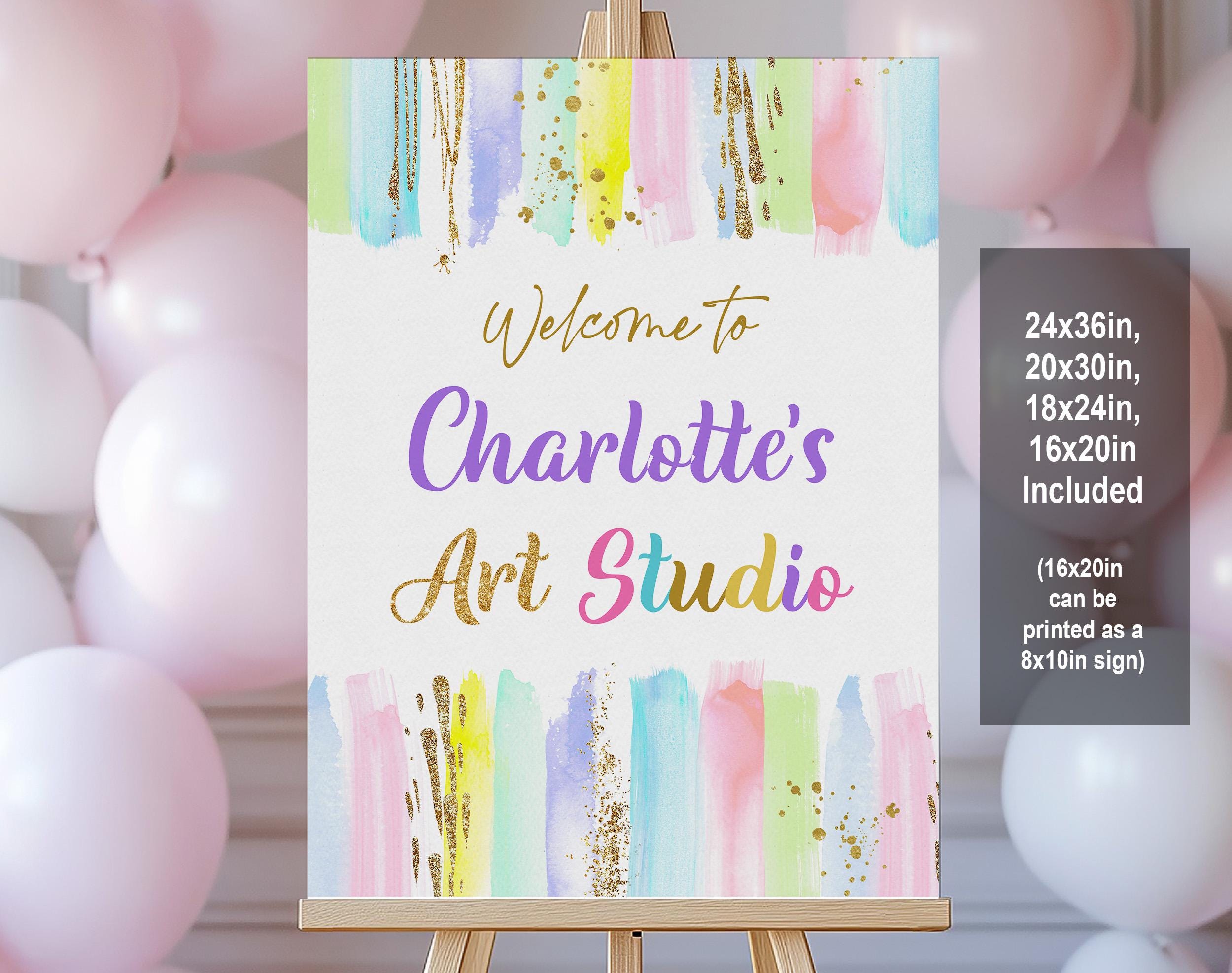 Art Birthday Party Welcome Sign: Editable Rainbow Pastel Brush Bir254 ...