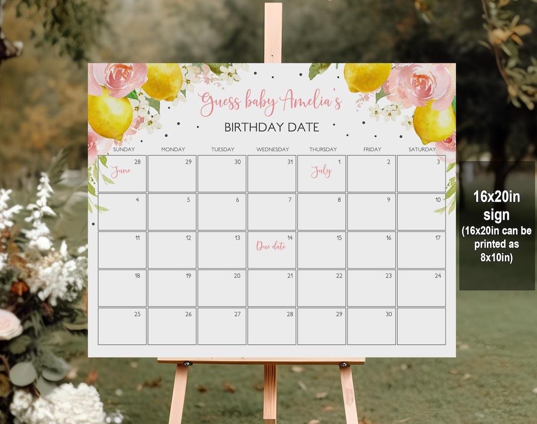 Baby Shower Calendar: Lemon Theme, Pink Floral (editable Digital Game ...