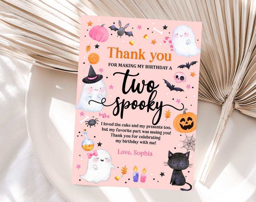 Halloween Birthday Thank You Card, Pink Ghosts Two Spooky (editable ...