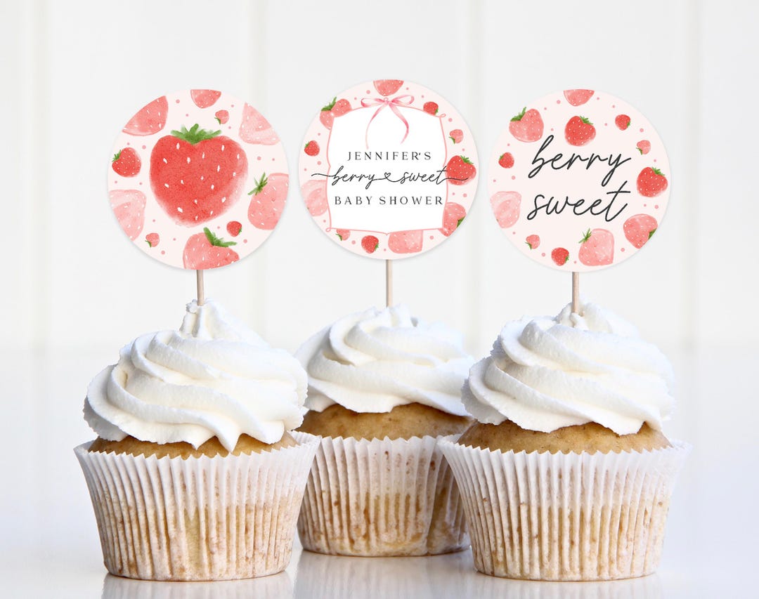 Pink Strawberry Cupcake Topper Printable Strawberry Birthday Favor Tags ...