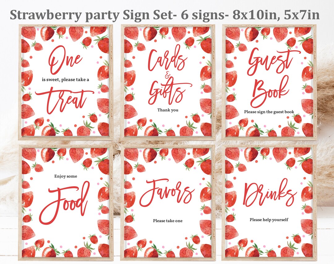 Strawberry Birthday Sign Set Strawberry Party Decor Table Sign Pack Red ...