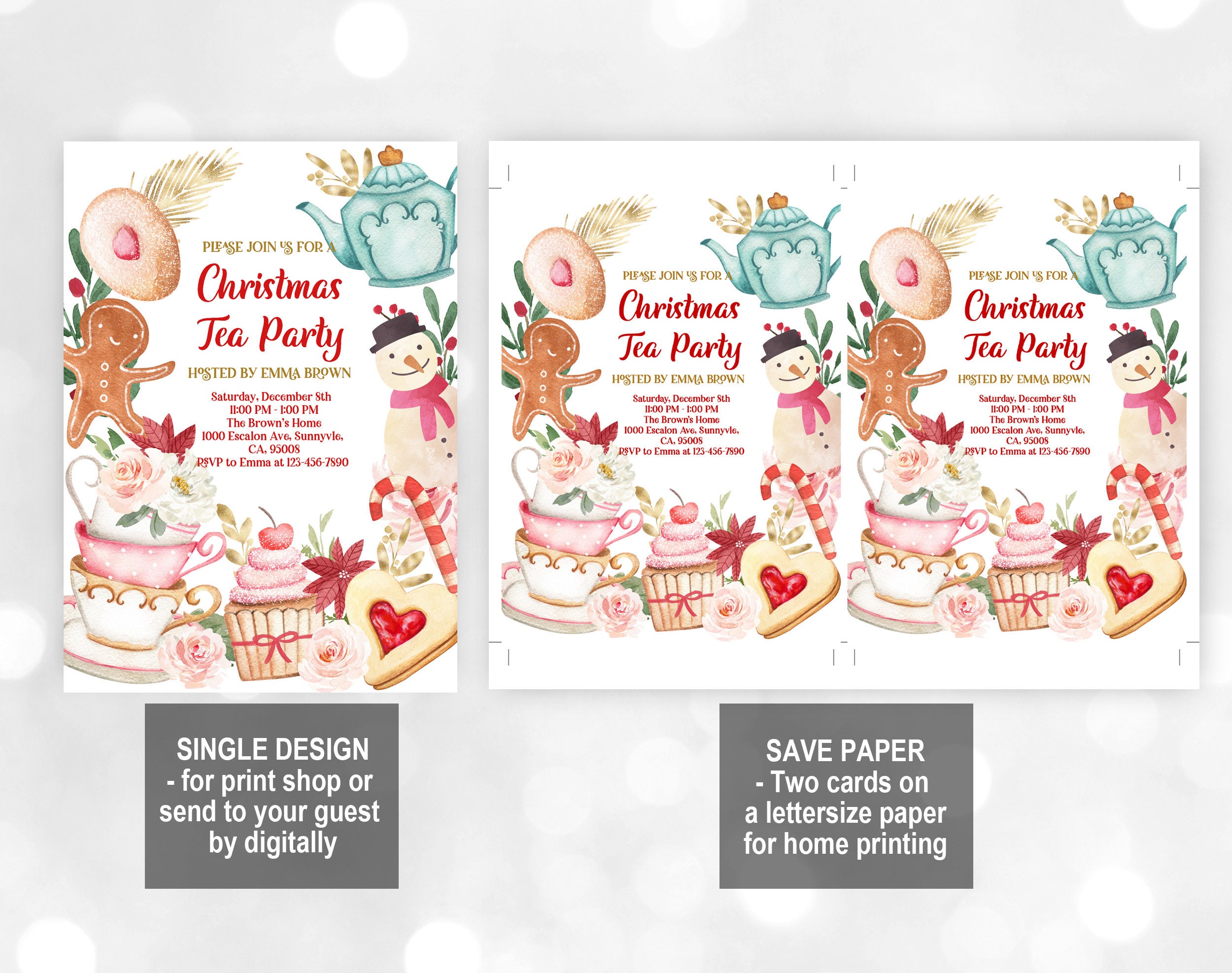 Christmas Tea Party Invitation, Gingerbread and Hot Cocoa (editable ...