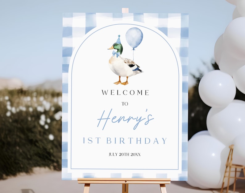 Birthday Welcome Sign: One Lucky Duck, Blue Party Decor - Editable ...