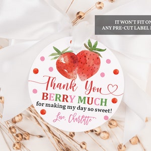 Strawberry Birthday Thank You Label Favor Tags Berry Sweet Strawberry ...