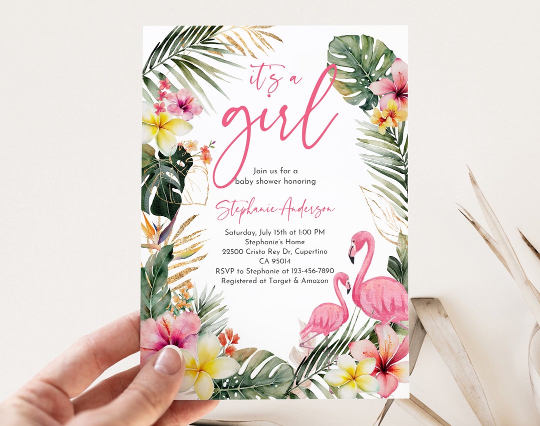 Flamingo Baby Shower Invitation It's a Girl Tropical Pink Flamingo ...