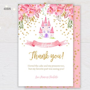 Princess Thank You Card 5x7in, 4x6in Princess Party Thank You Note ...