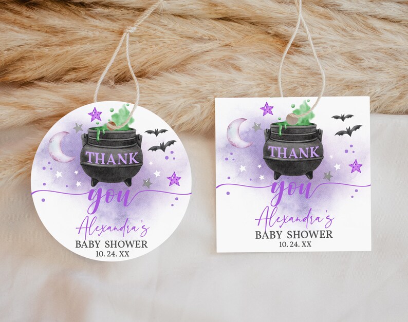 Halloween Baby Shower Favor Tags - Editable Purple Witch Labels Haba3 ...