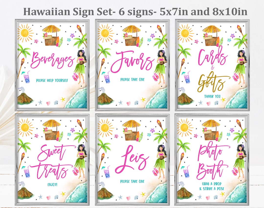 Hawaiian Party Table Sign Set Tropical Birthday Baby Shower Sign Bundle ...