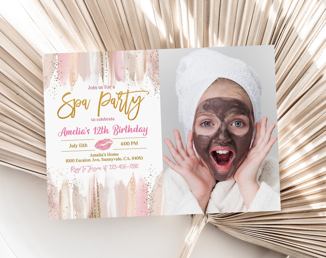 Spa Birthday Photo Invitation Glam Party Invite Spa Blush Pink Gold ...