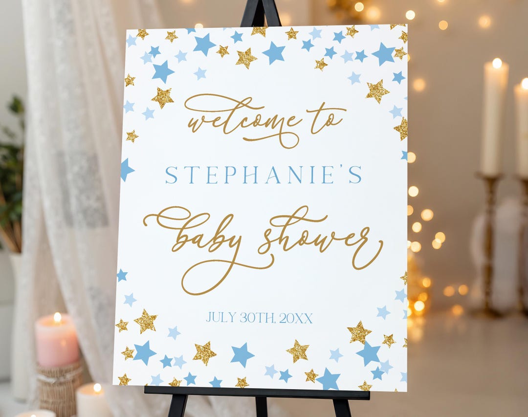 Baby Shower Welcome Sign: Twinkle Star Blue Gold - Printable, Editable ...