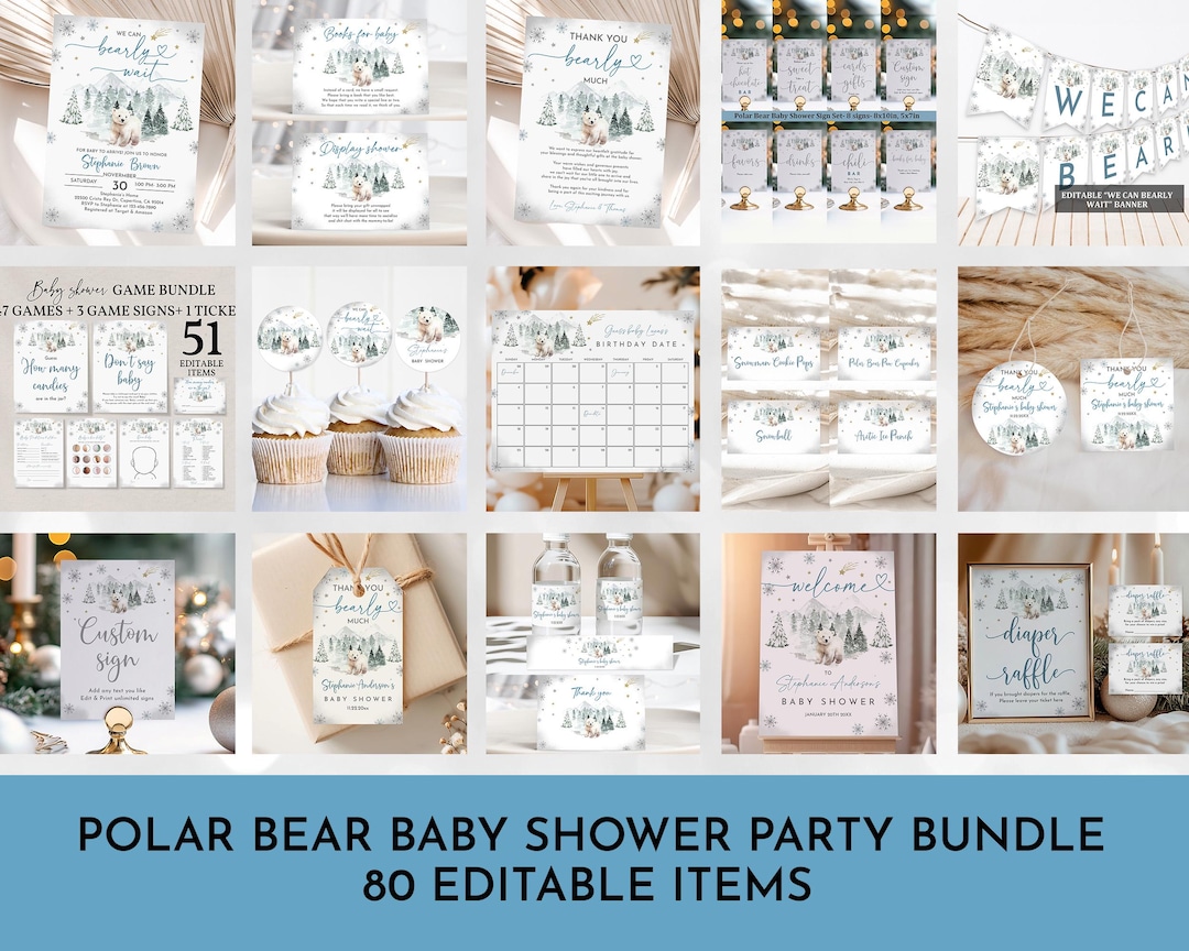 Editable Blue Polar Bear Winter Wonderland Baby Shower Invitation ...