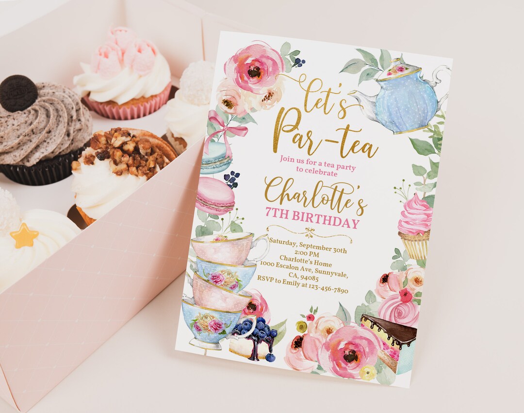 Editable Tea Party Birthday Invitation Let's Par-tea Invite Girl Floral ...