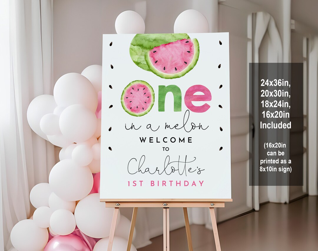 Editable Watermelon Birthday Party Welcome Sign One in a Melon Pink ...