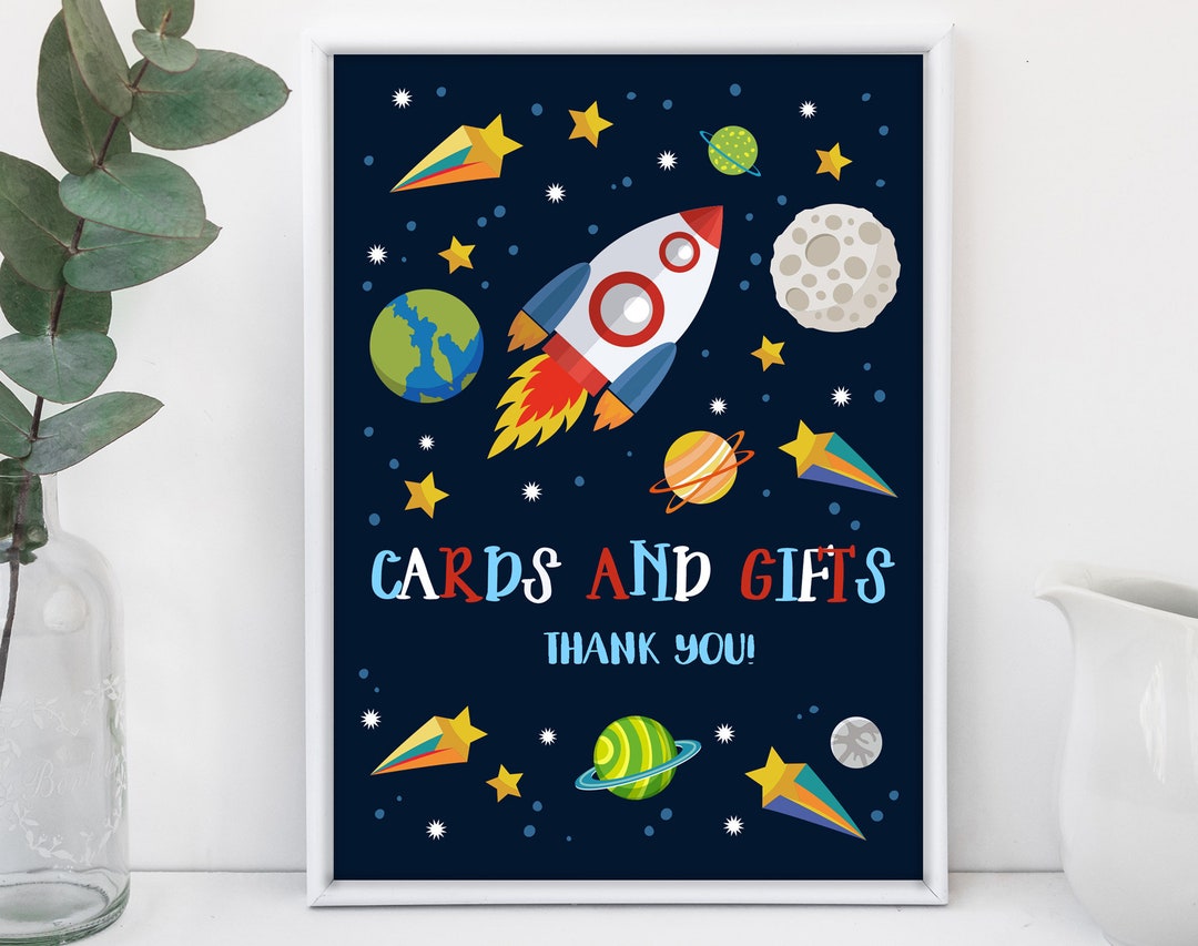Cards and Gifts Sign: Outer Space Theme - Planets, Rocket, Astronaut ...