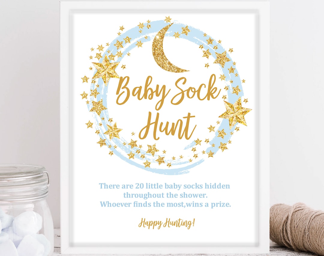 Baby Sock Hunt Sign: Twinkle Little Star Blue Gold Glitter - Editable ...