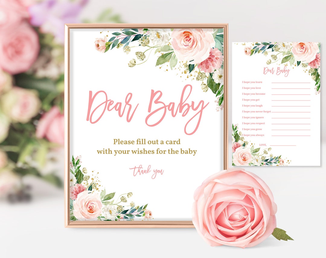 Dear Baby Sign Card Blush Pink Floral Wishes for Baby Shower Game Sign ...