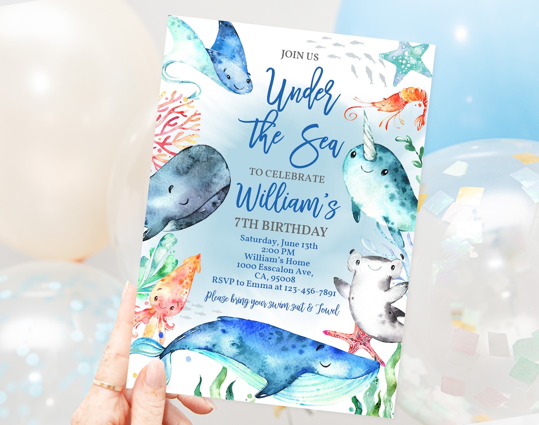 Sea Birthday Invitation Ocean Party Invite Sea Animals Fishing Invite ...
