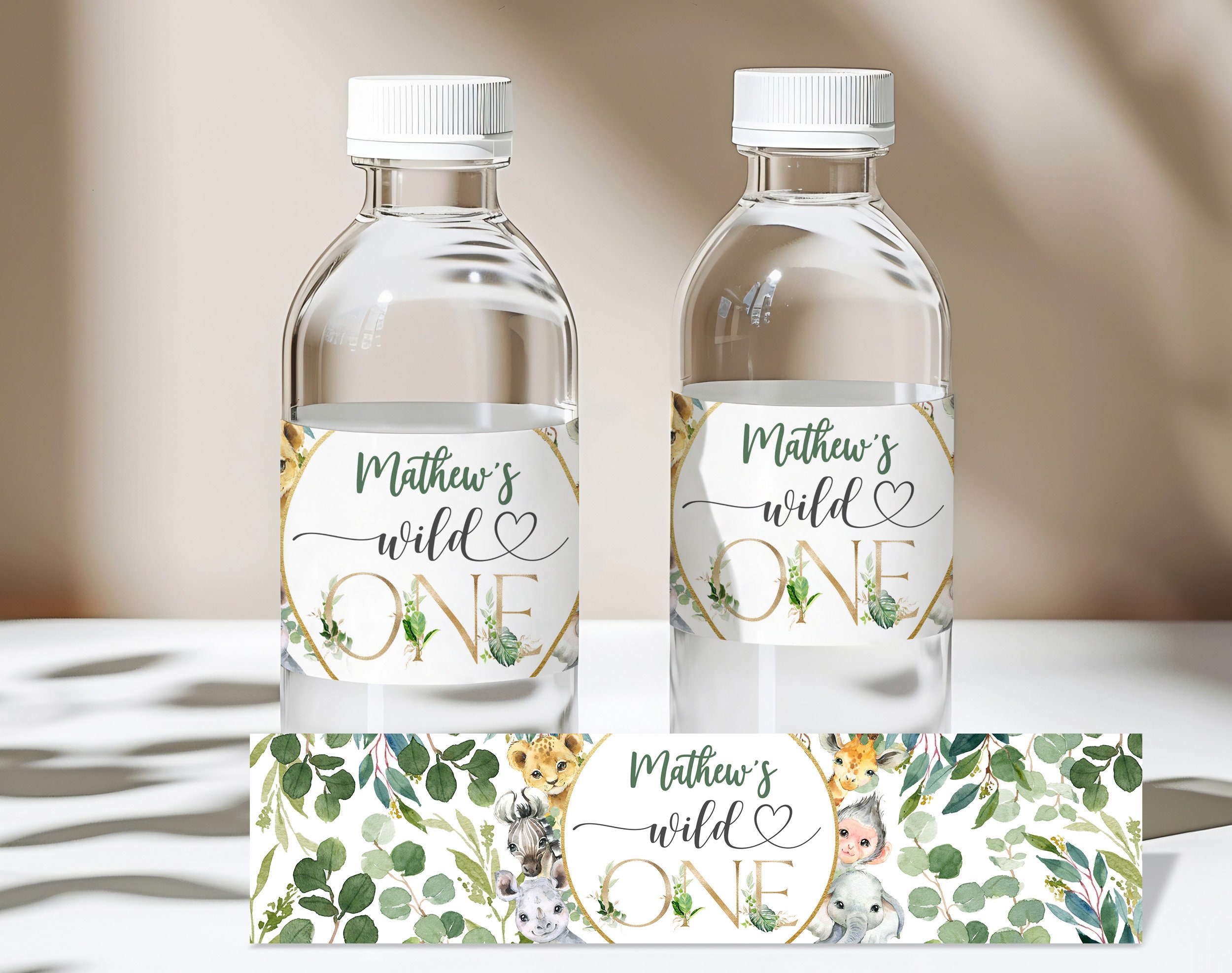Safari Birthday Water Bottle Labels, Green Gold Jungle (editable ...
