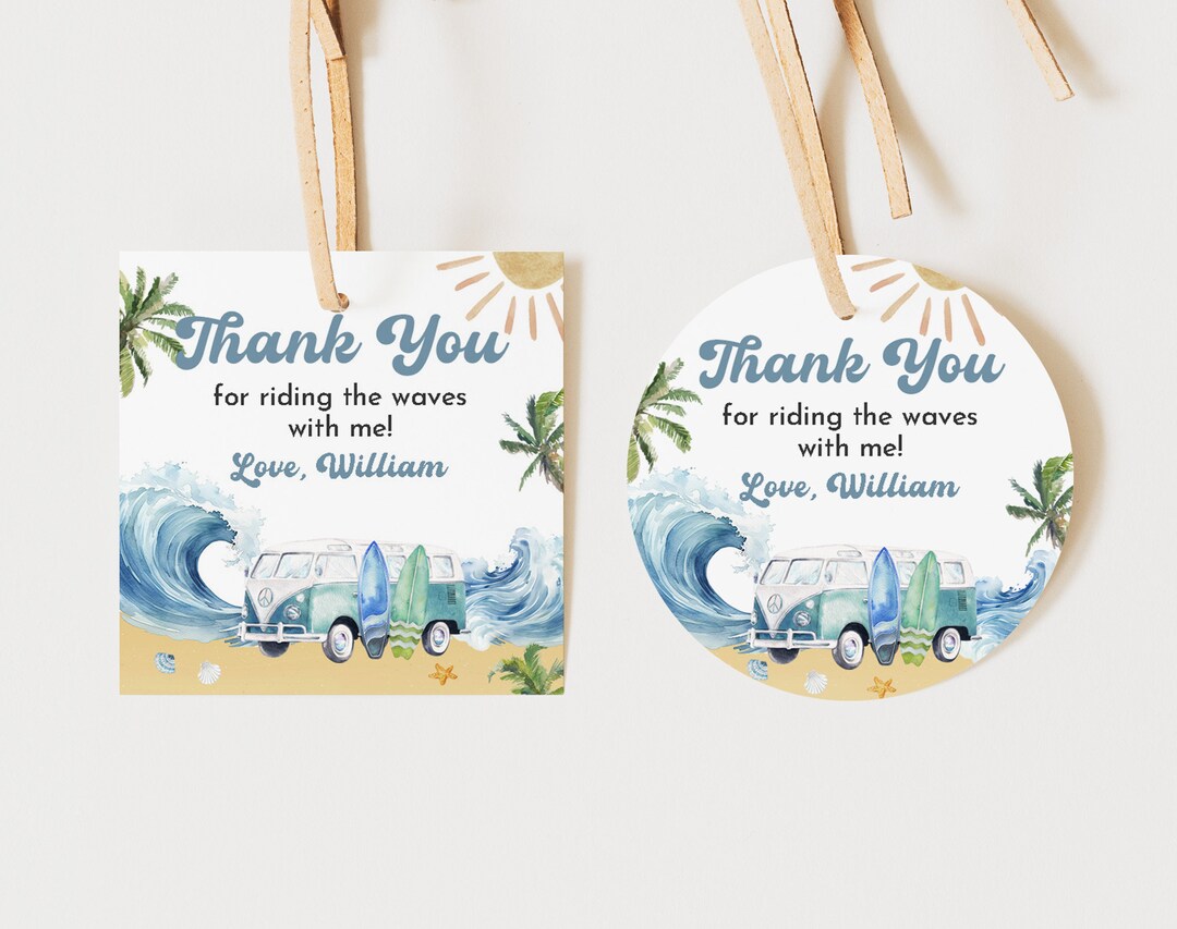 Editable Surf Round Square Tag the Big One Surf Birthday Favor Label ...