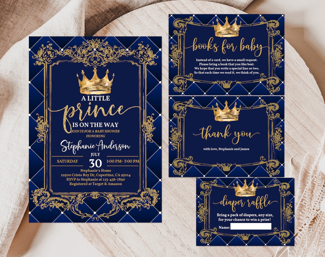 Prince Baby Shower Invitation Set Royal Prince Invite Bundle Crown Navy ...