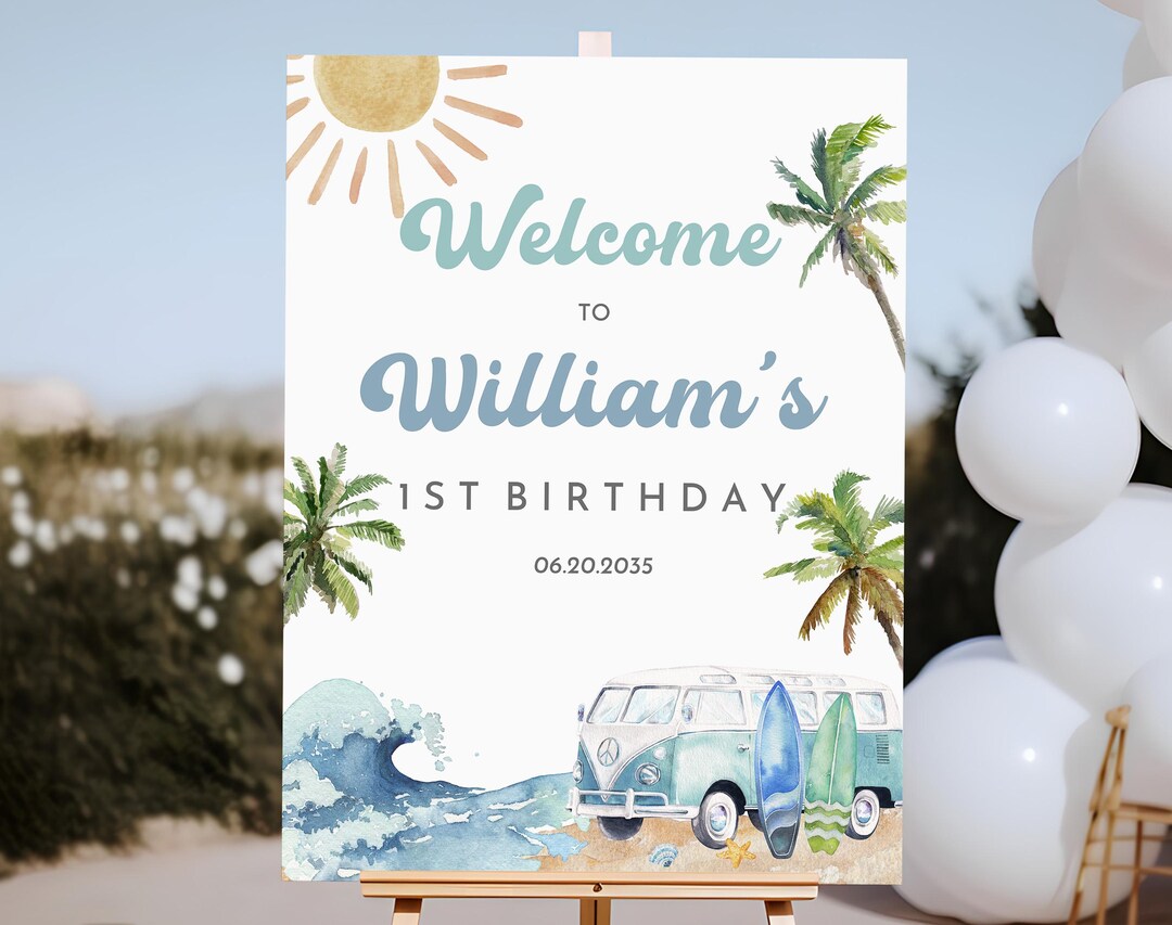 Surf's up Welcome Sign the Big One Surfing Birthday Decor Editable ...