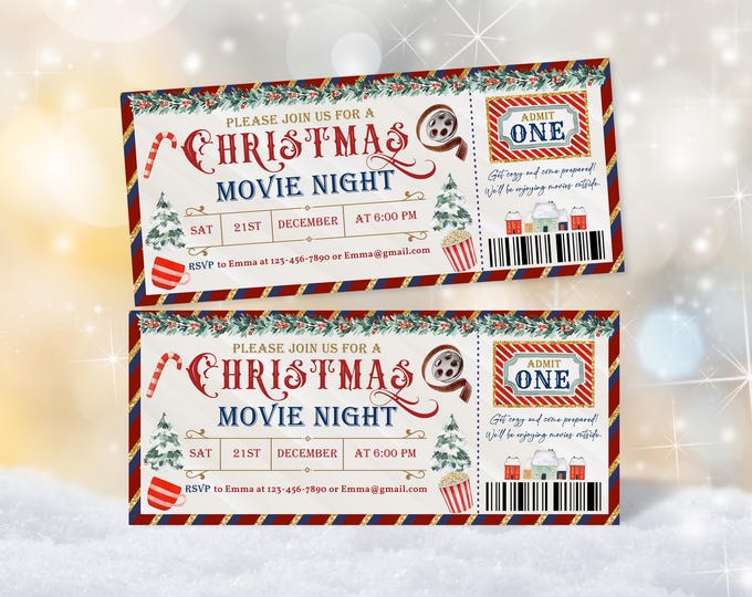 EDITABLE Christmas Movie Night Invitation Ticket, Xmas Movie Night ...